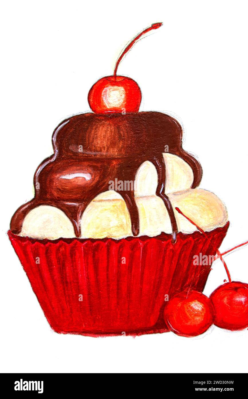 Drawing of a cake with cream poured with chocolate glaze and decorated ...