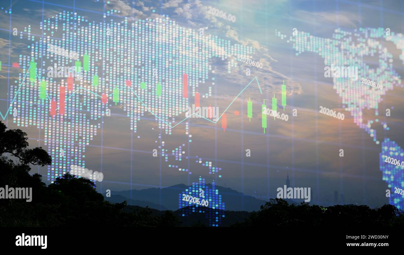 Fast changing stock market candlestick chart on holographic world map ...