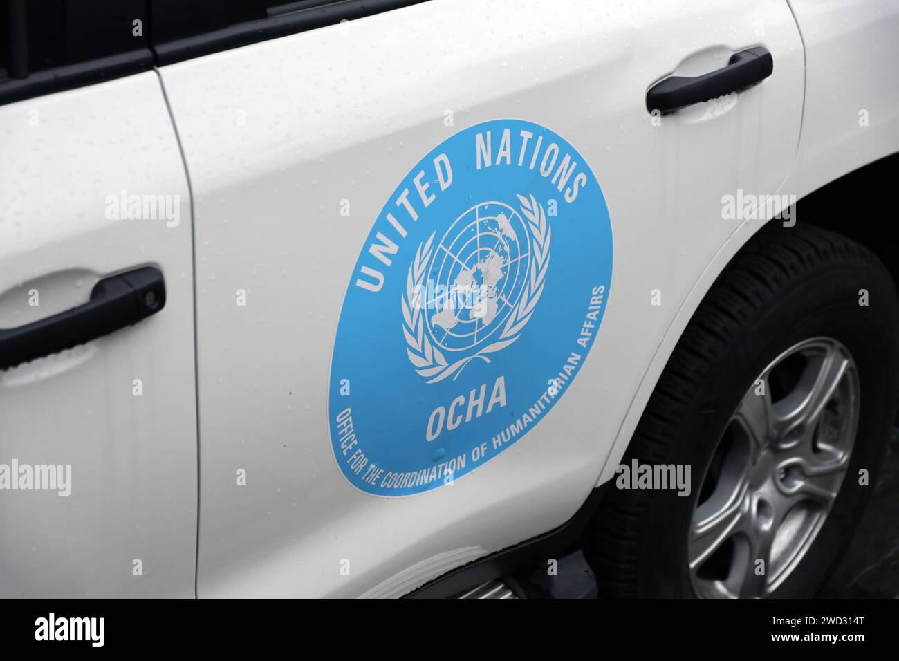 KYIV, UKRAINE - 4 MAY, 2023: Logo of UN United Nations OCHA on doors of ...