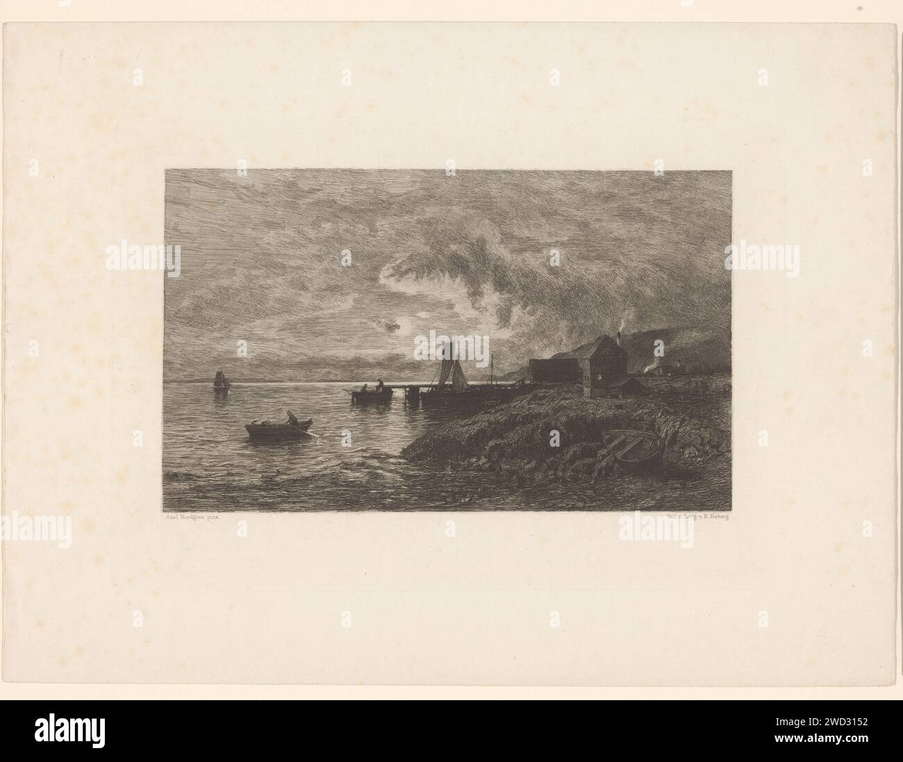 Moon face on the Norwegian coast, with a hamlet and wooden landing head ...