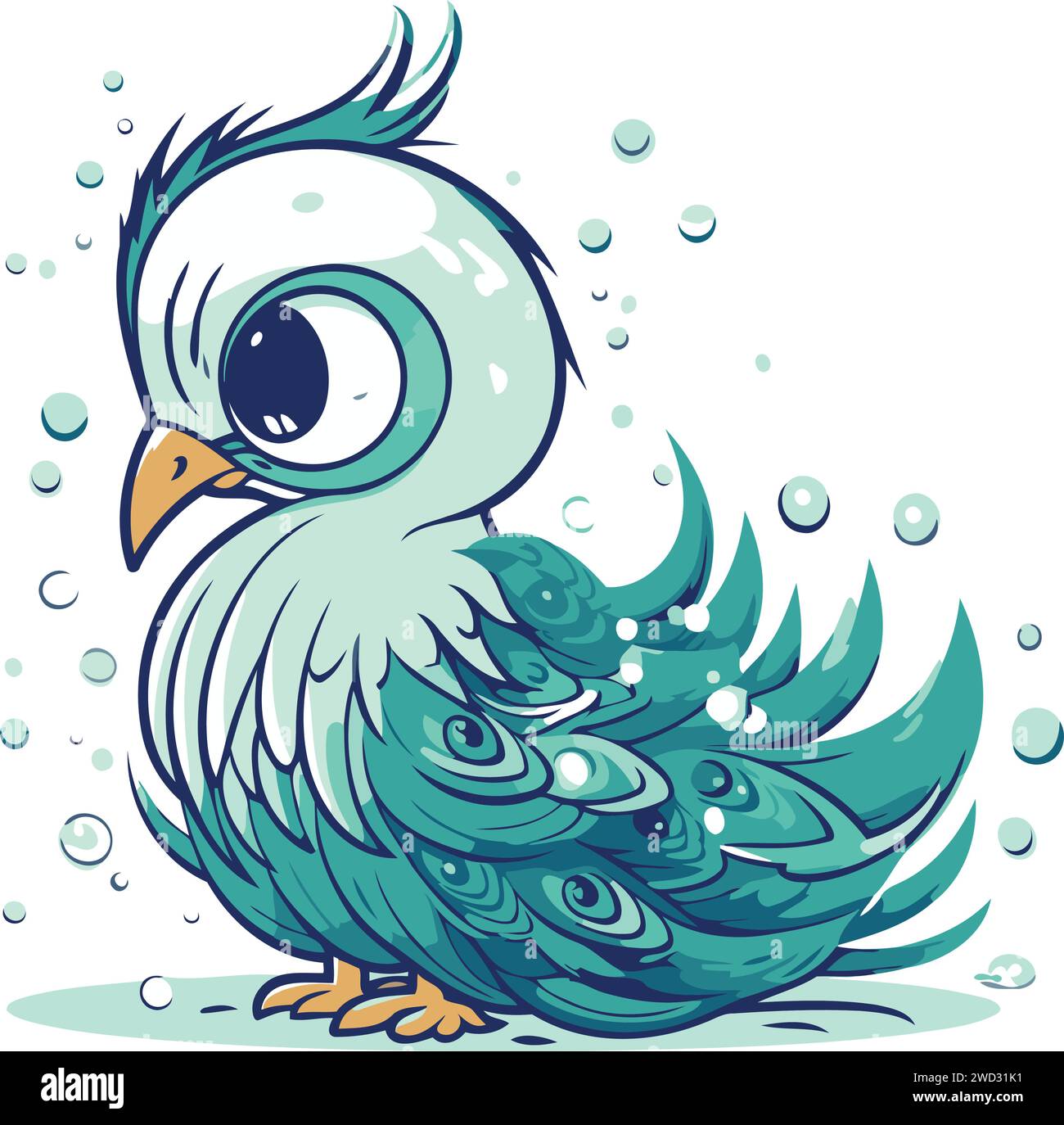 Cute blue bird with water drops isolated on white background. Vector ...