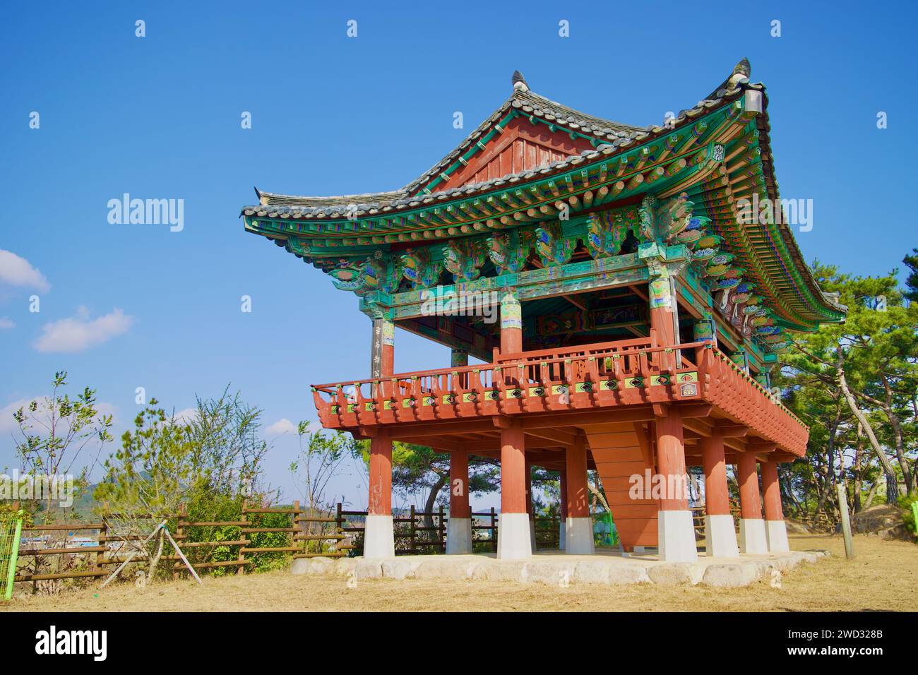Gumi City, South Korea - November 17th, 2023: The historic Gwansuru Pavilion, a two-story, red ...