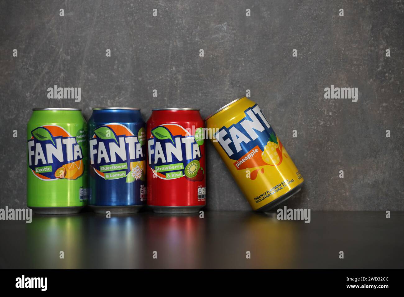 KYIV, UKRAINE - 4 MAY, 2023: Fanta soft drink brand tin cans with ...