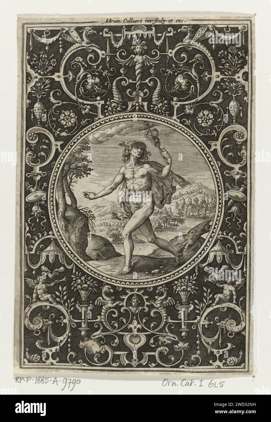 Medallion with Mercury in frame of grotesken with flowers, garlands ...