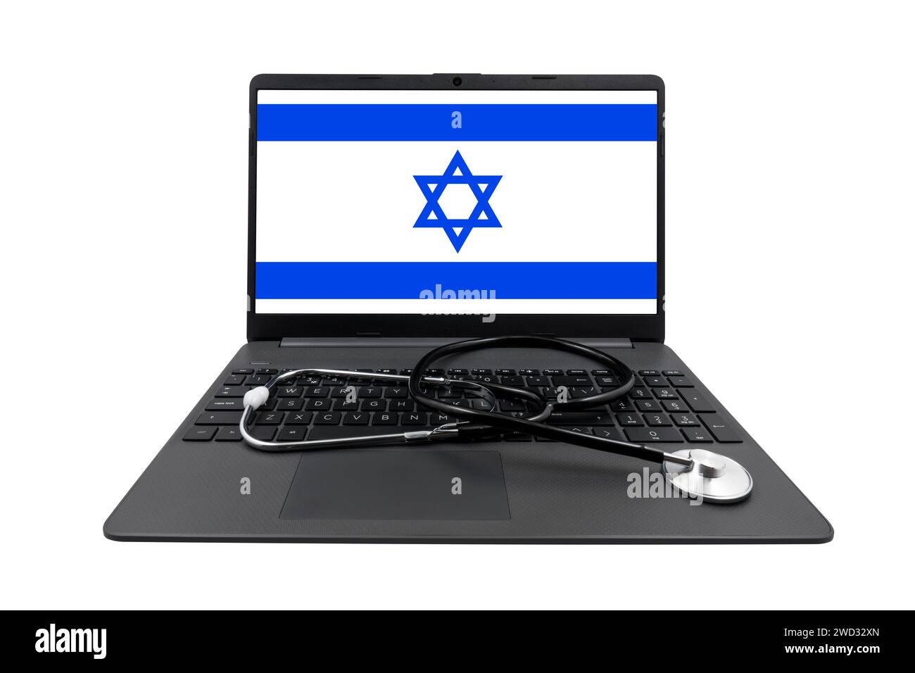 Laptop with Israel flag on screen and medical stethoscope, isolated on ...