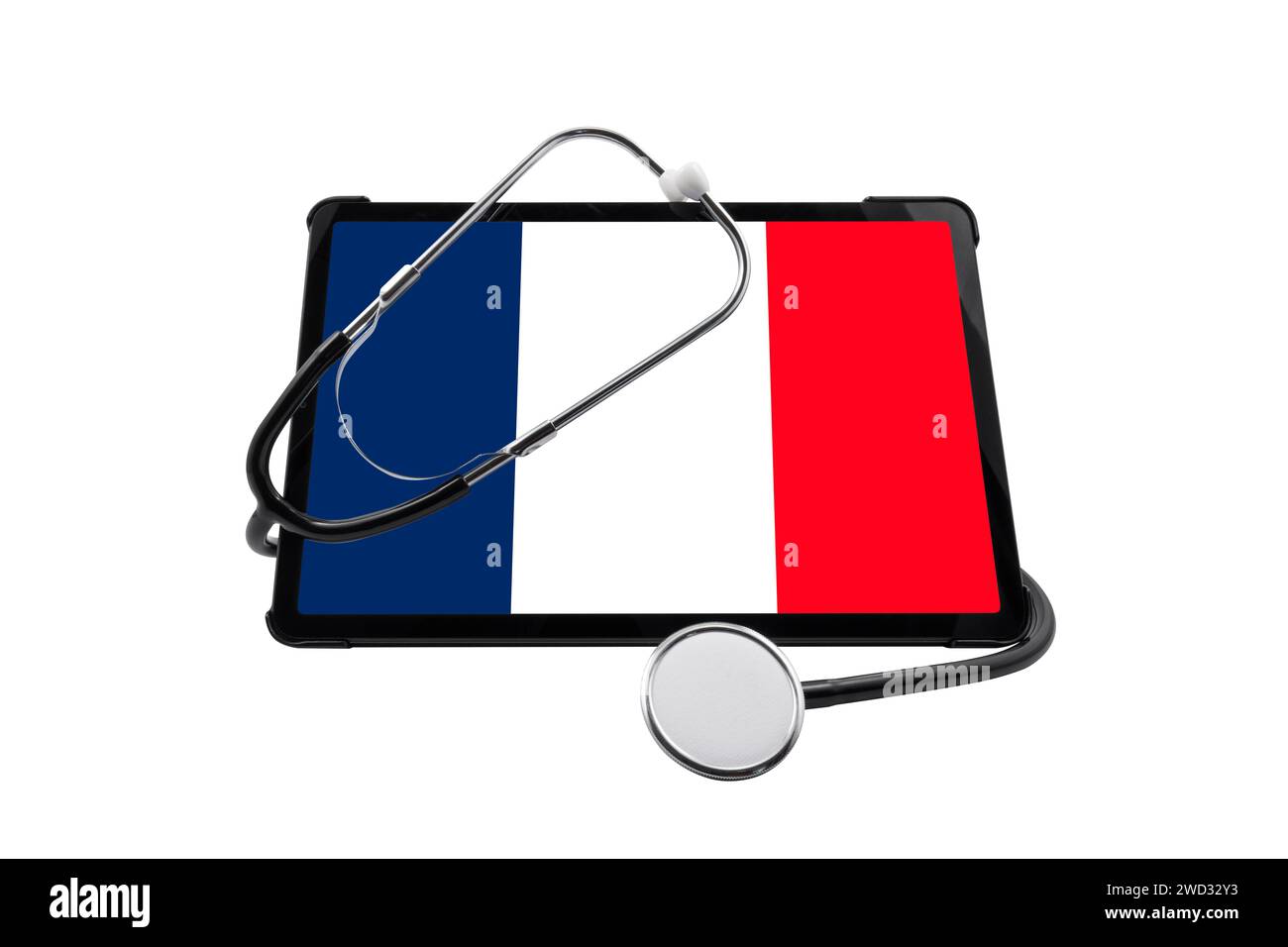 Tablet PC with France flag on screen and medical stethoscope, isolated ...