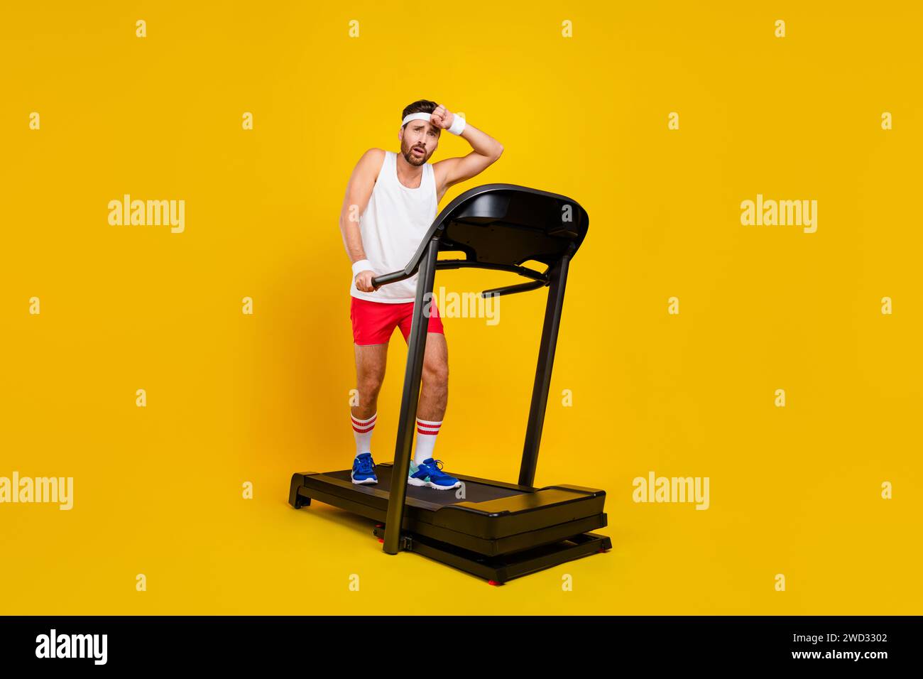 Full length photo of sporty tired person walk treadmill sweating cardio ...
