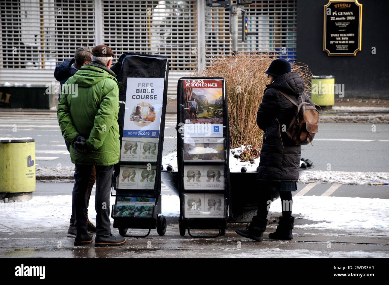 Copenhagen, Denmark /18 January 2024. Jehovas witness persons stand in ...