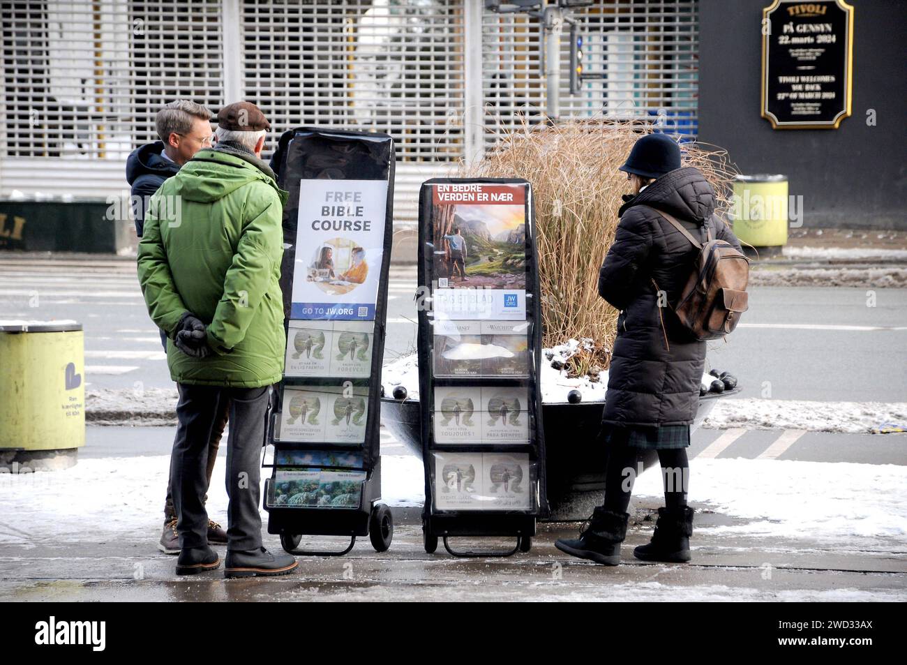Copenhagen, Denmark /18 January 2024. Jehovas witness persons stand in ...