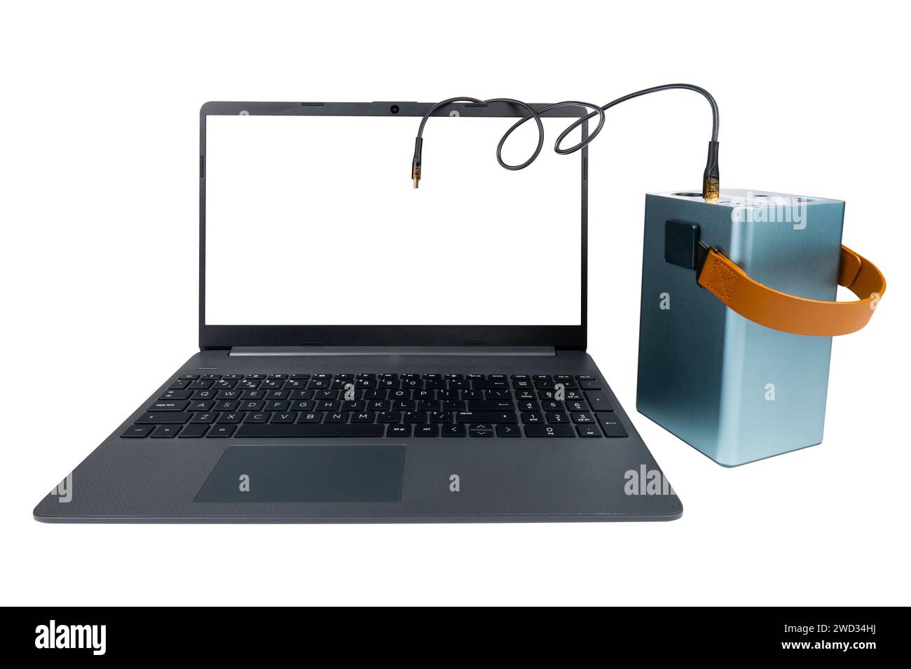 Laptop with a blank white screen next to a large power bank (charging ...