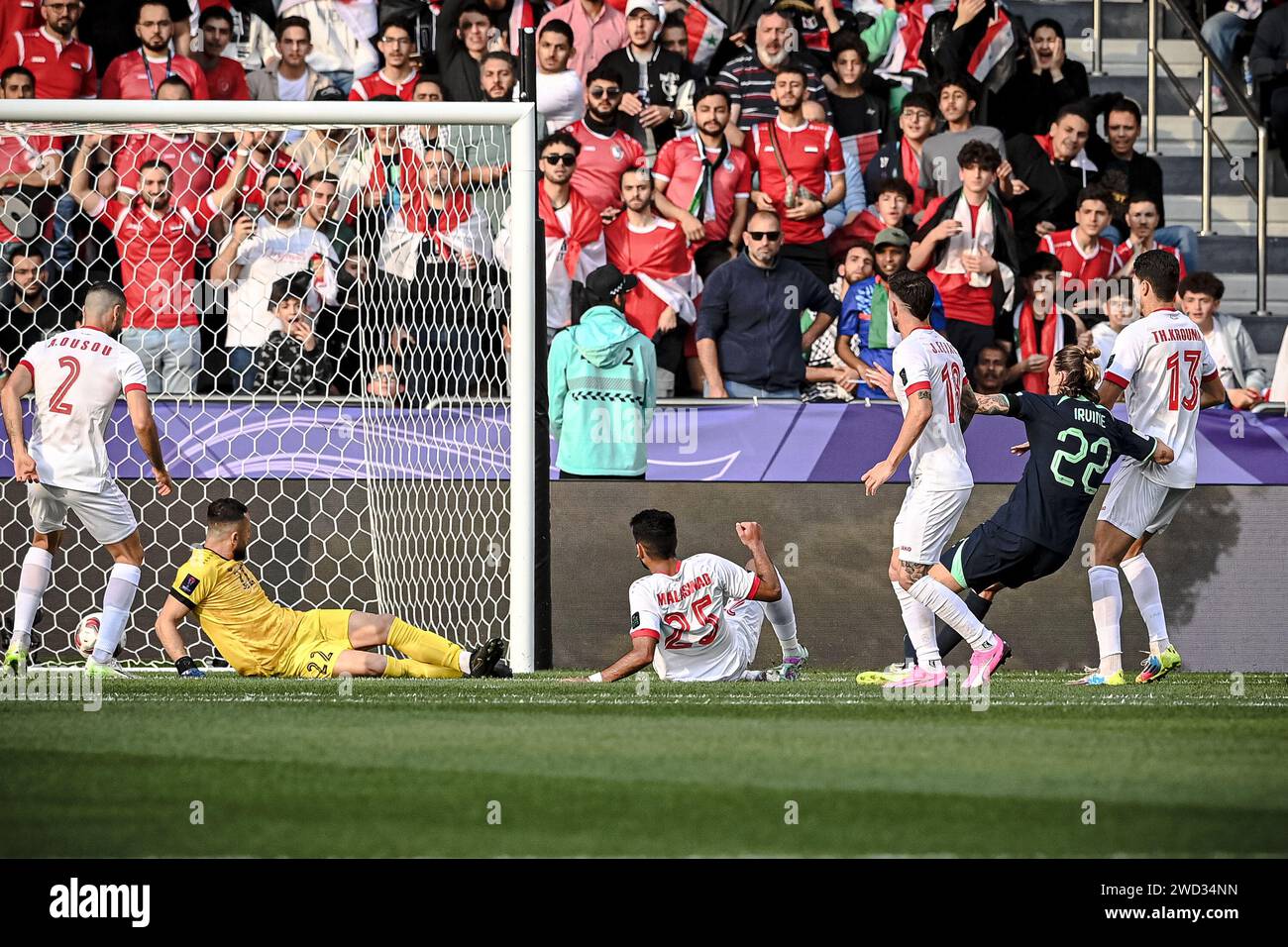 Doha, Qatar. 18th Jan, 2024. Australia's Jackson Irvine (2nd R) shoots ...