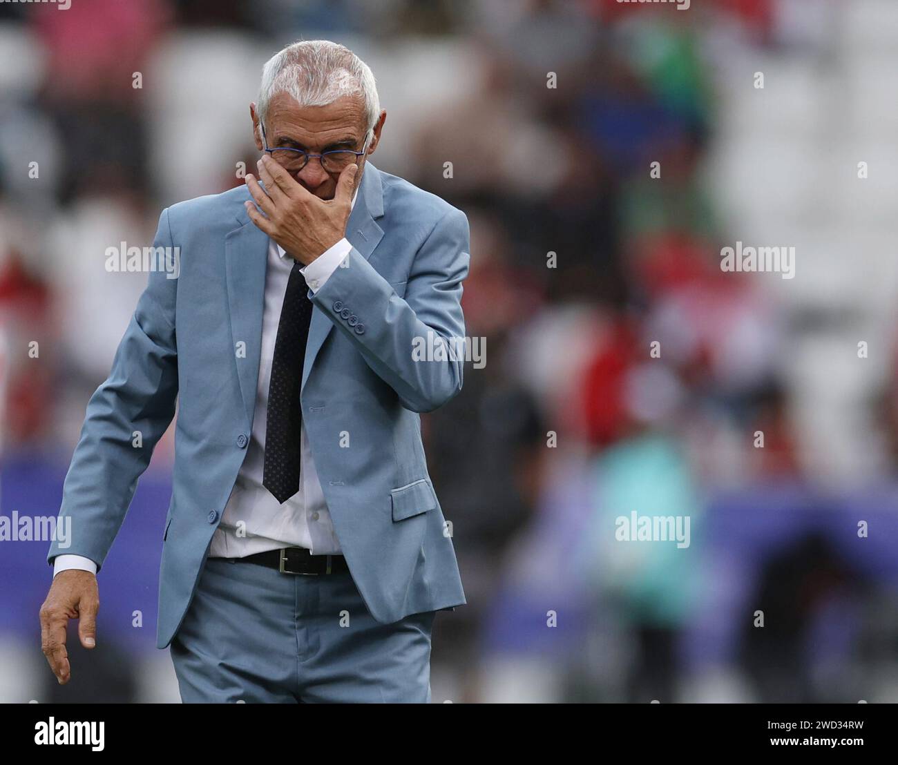 Doha, Qatar. 18th Jan, 2024. Syria's head coach Hector Cuper reacts ...