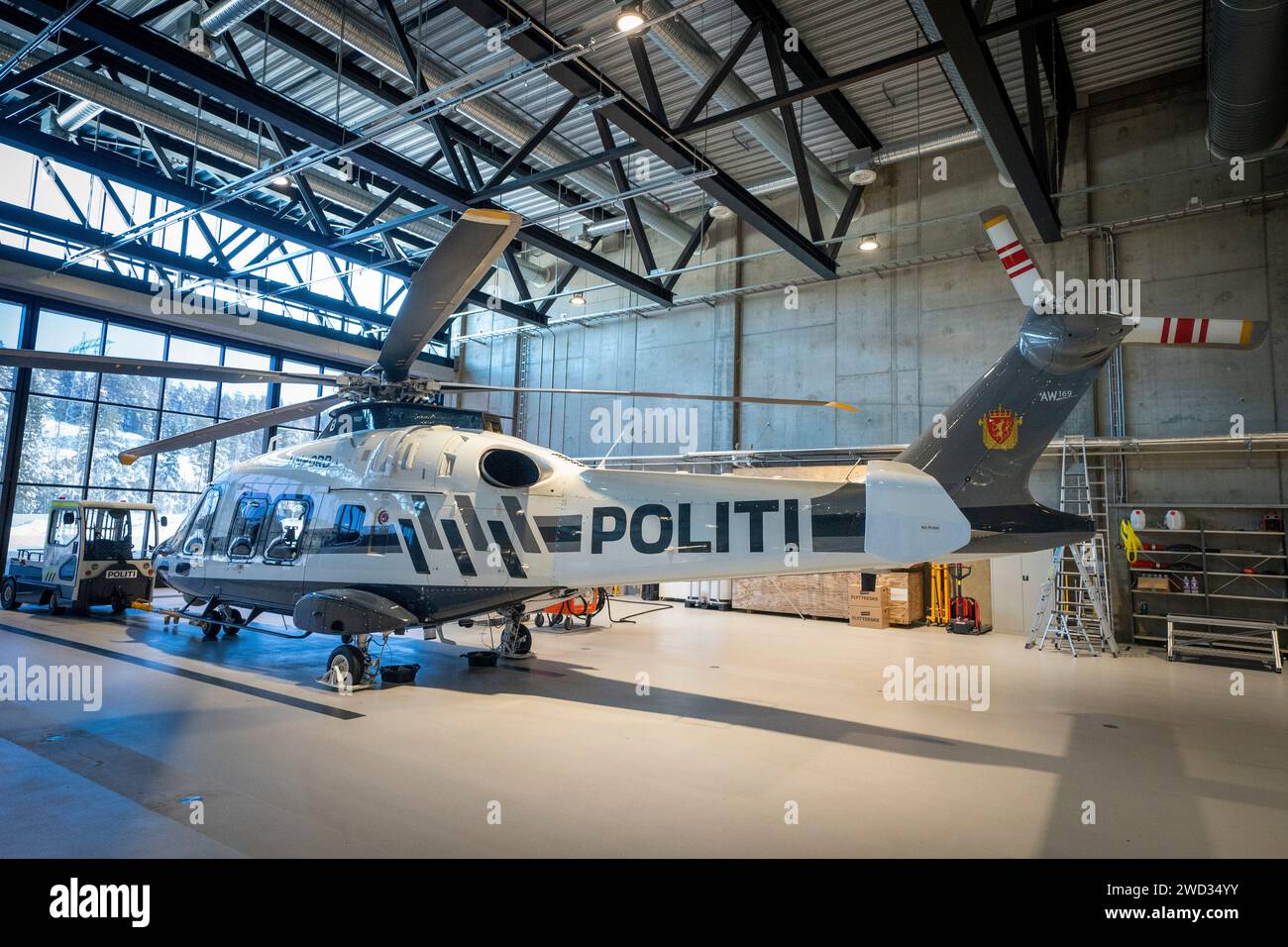 Oslo 20240118.The police's Leonardo AW169 helicopter in a hangar below ...