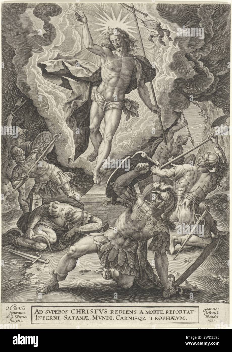 Resurrection of Christ, Antonie Wierix (II), After Maerten de Vos, 1588 print Christ rises from ...