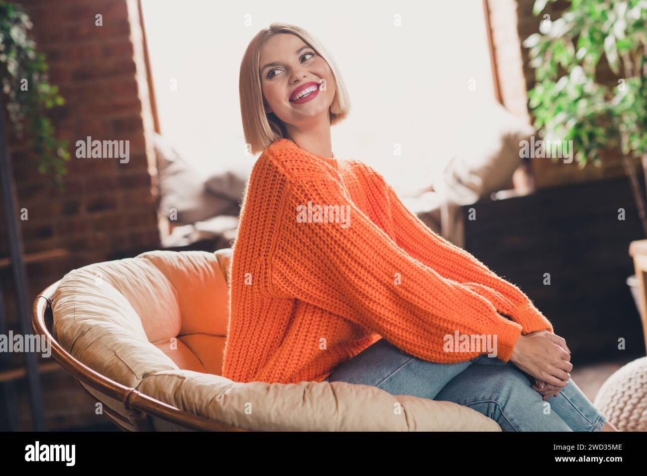 Profile photo of peaceful creative person sitting comfy armchair toothy ...