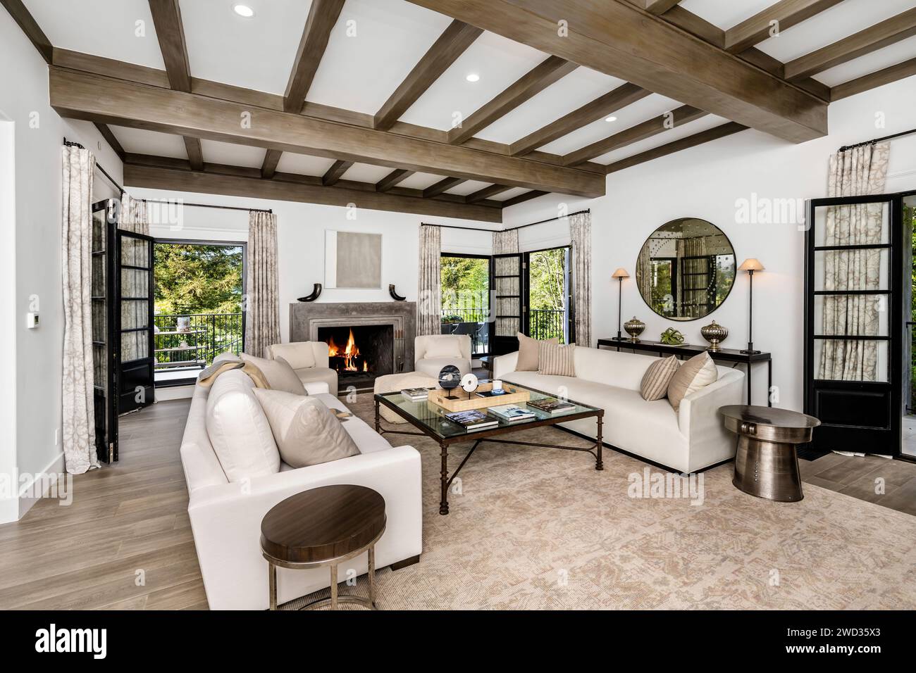 Cozy living room with fireplace, ample windows, and abundant natural ...