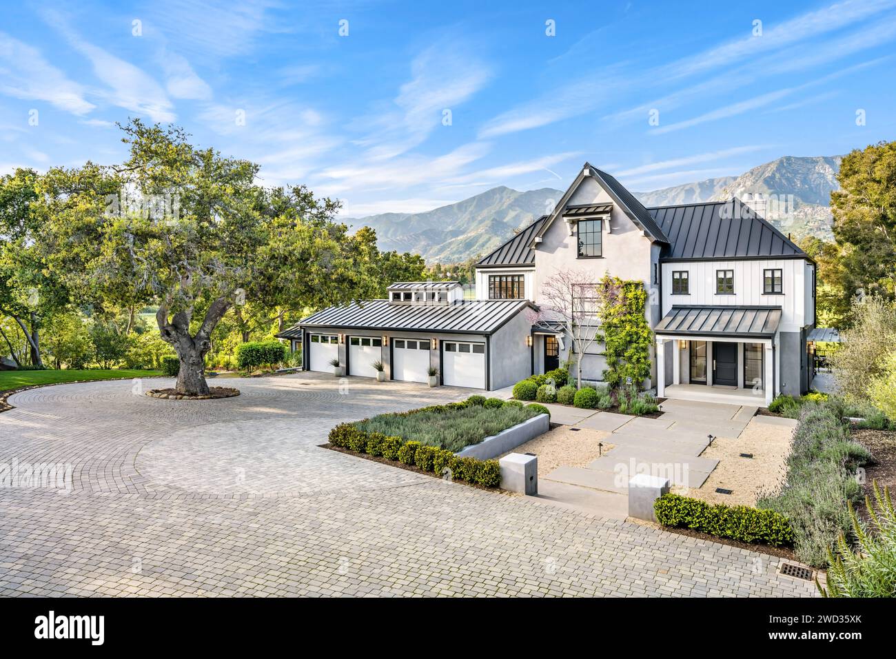 Aerial view of a residential property with driveways and lush foliage ...