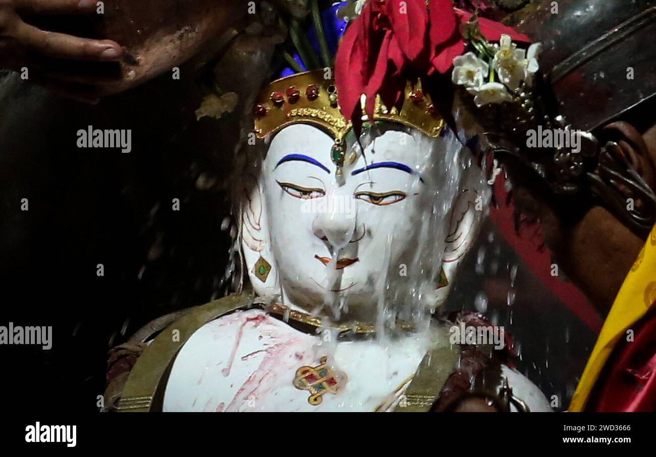 Kathmandu, Bagmati, Nepal. 18th Jan, 2024. Priests bath an idol of Seto ...