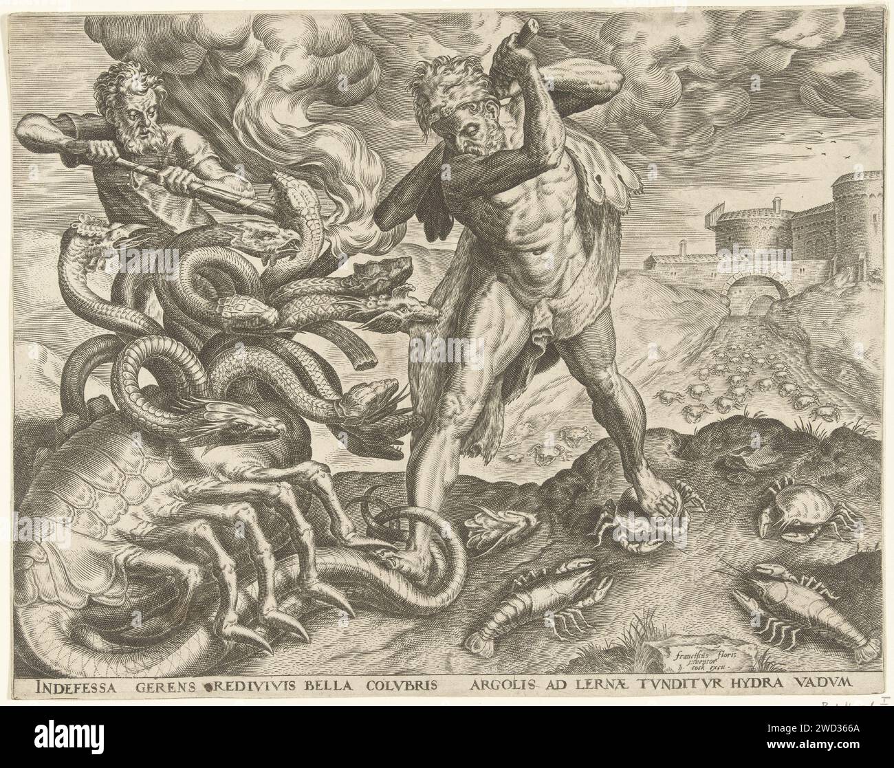 Hercules overcomes the Hydra van Lerna, Cornelis Cort, after Frans ...