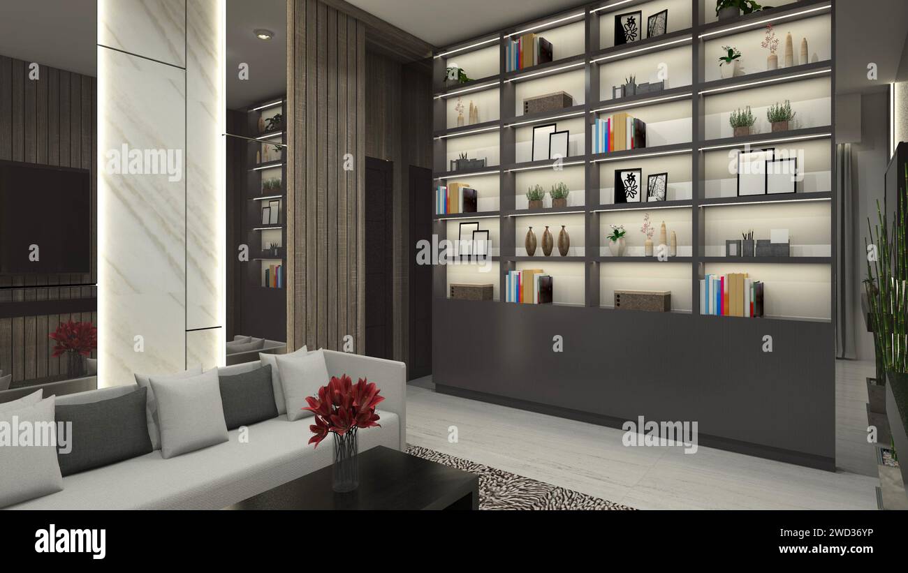 Modern Living Room with Shelving Rack Display and Wall Panel Decoration ...