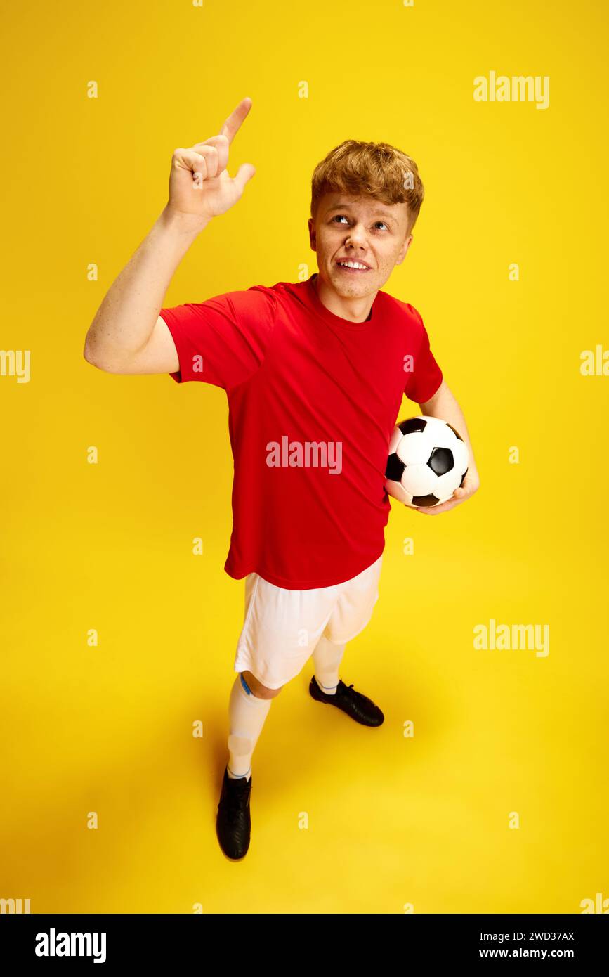 Top view portrait of young guy with freckles in football uniform ...
