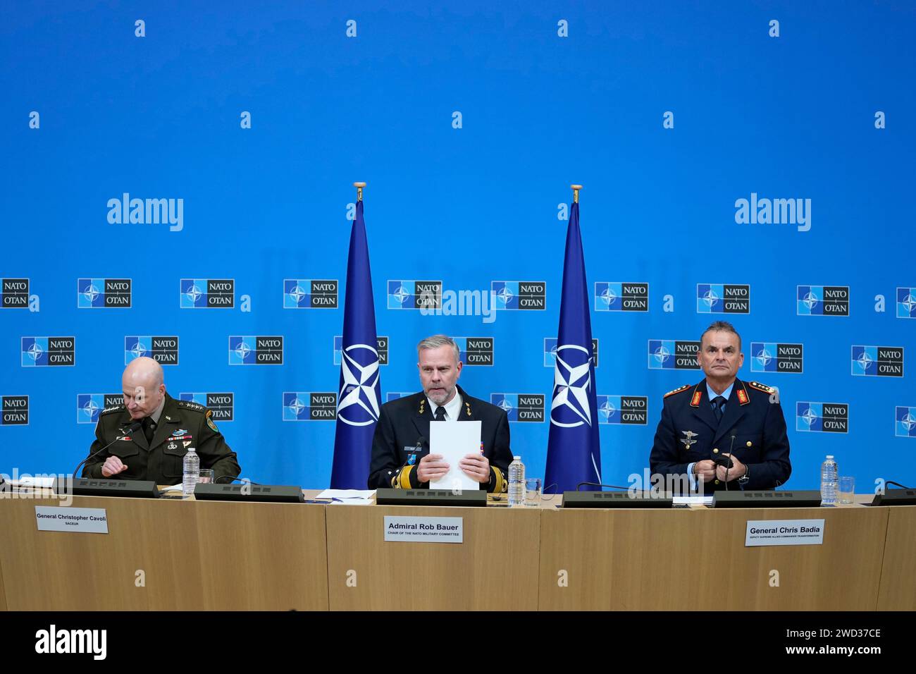 Chair of the NATO Military Committee Admiral Rob Bauer, center, Supreme ...