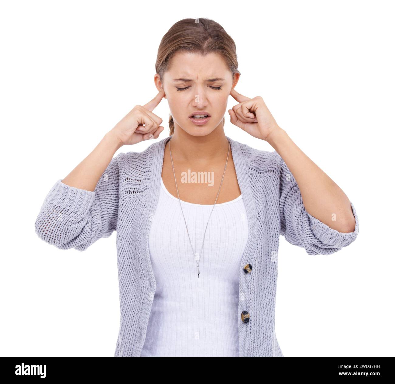 Noise, stop or woman with fingers in ears in studio for volume control ...