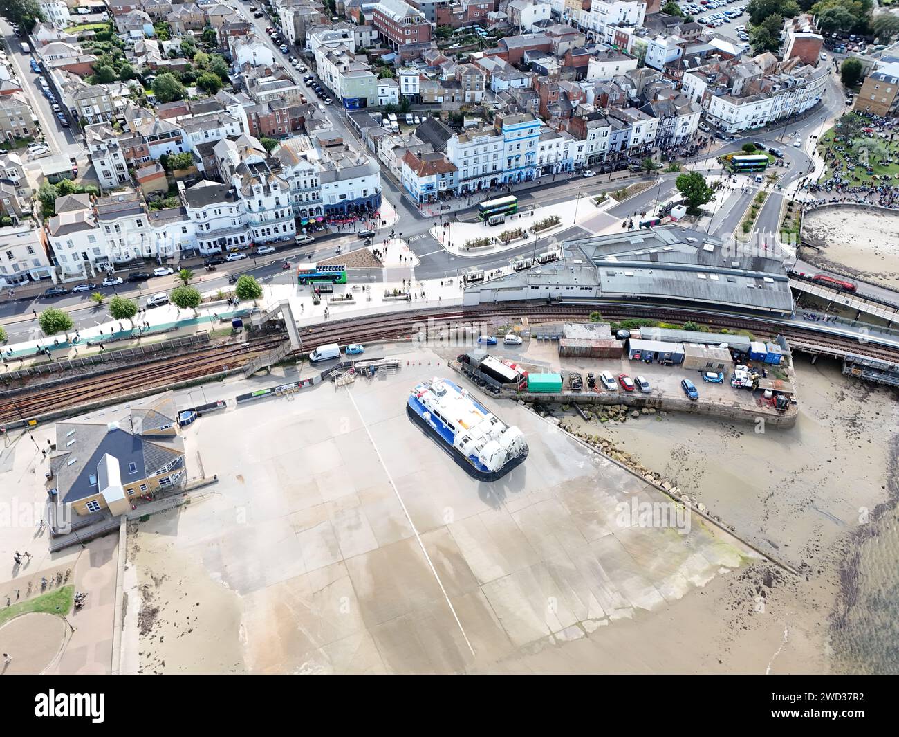 Ryde Isle of Wight UK Overhead birds eye drone aerial view Hovercraftt ...