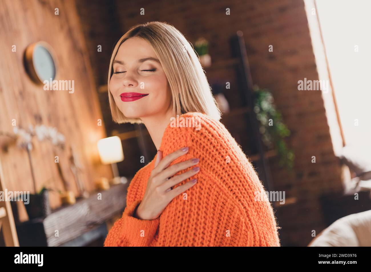 Profile photo of gorgeous positive girl closed eyes hand touch embrace ...