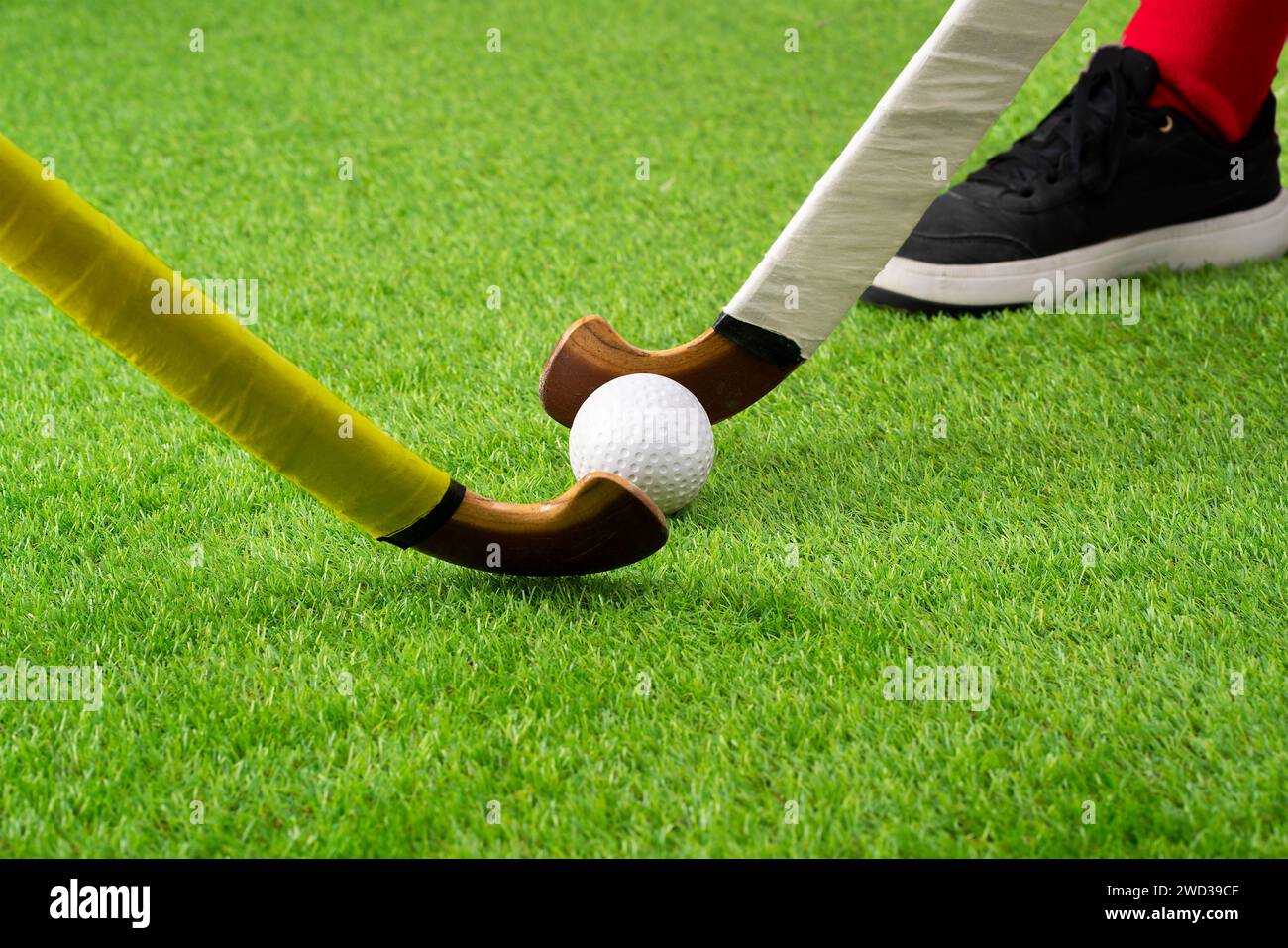 Fitness, sports and hockey with men on field and training for ...