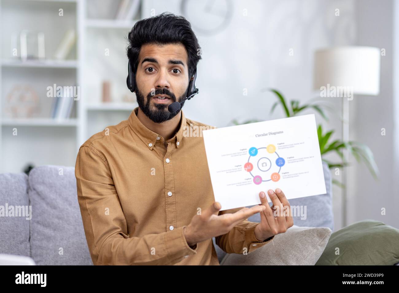 A poised young Indian man explains a colorful circular diagram on paper ...