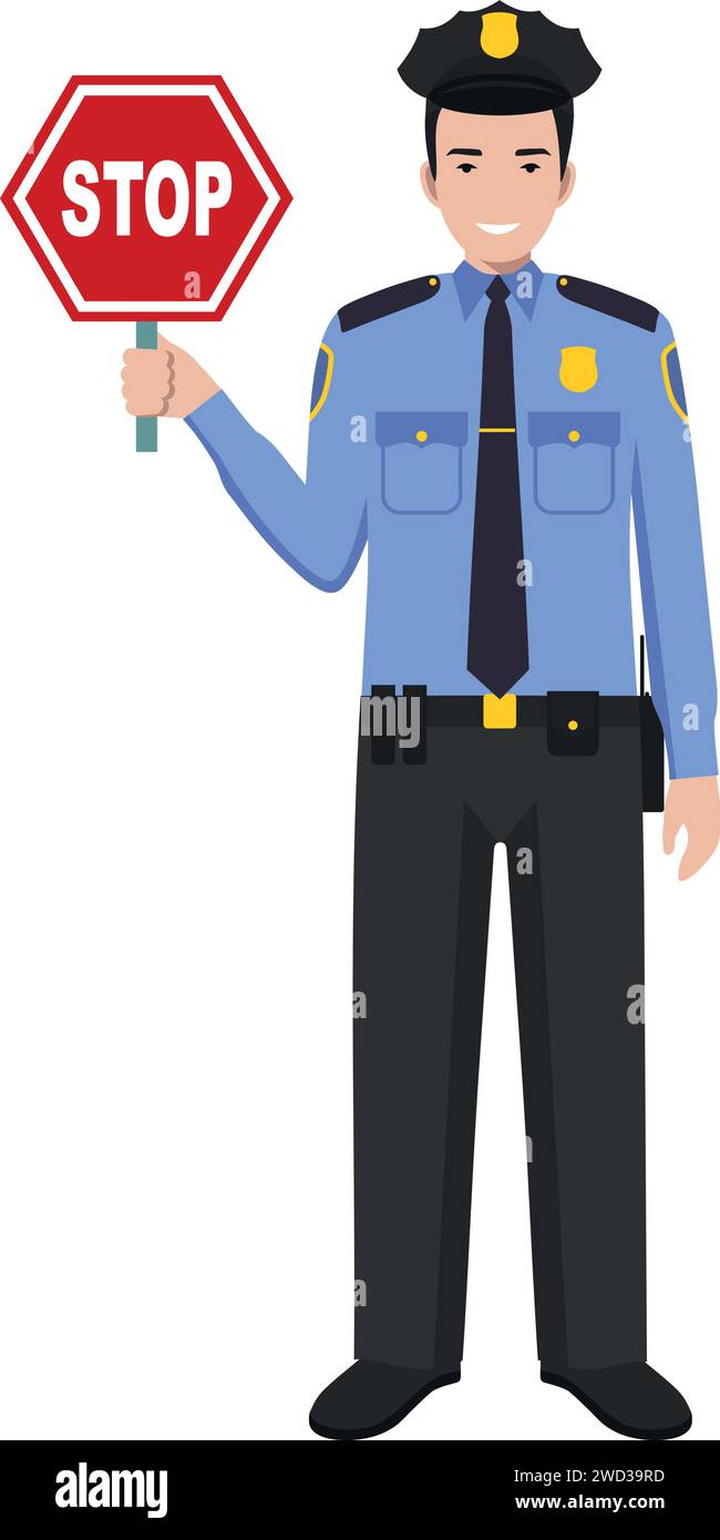 Standing American Policeman Officer with Warning Sign Stop in ...