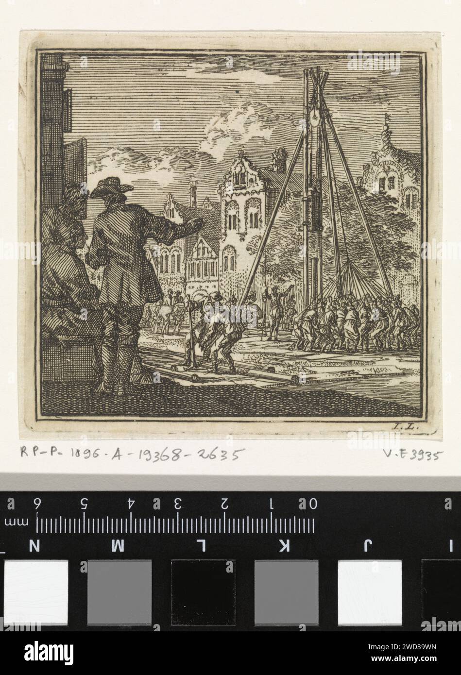 A few men see how a pole with a pile block is beaten in the ground, Jan ...