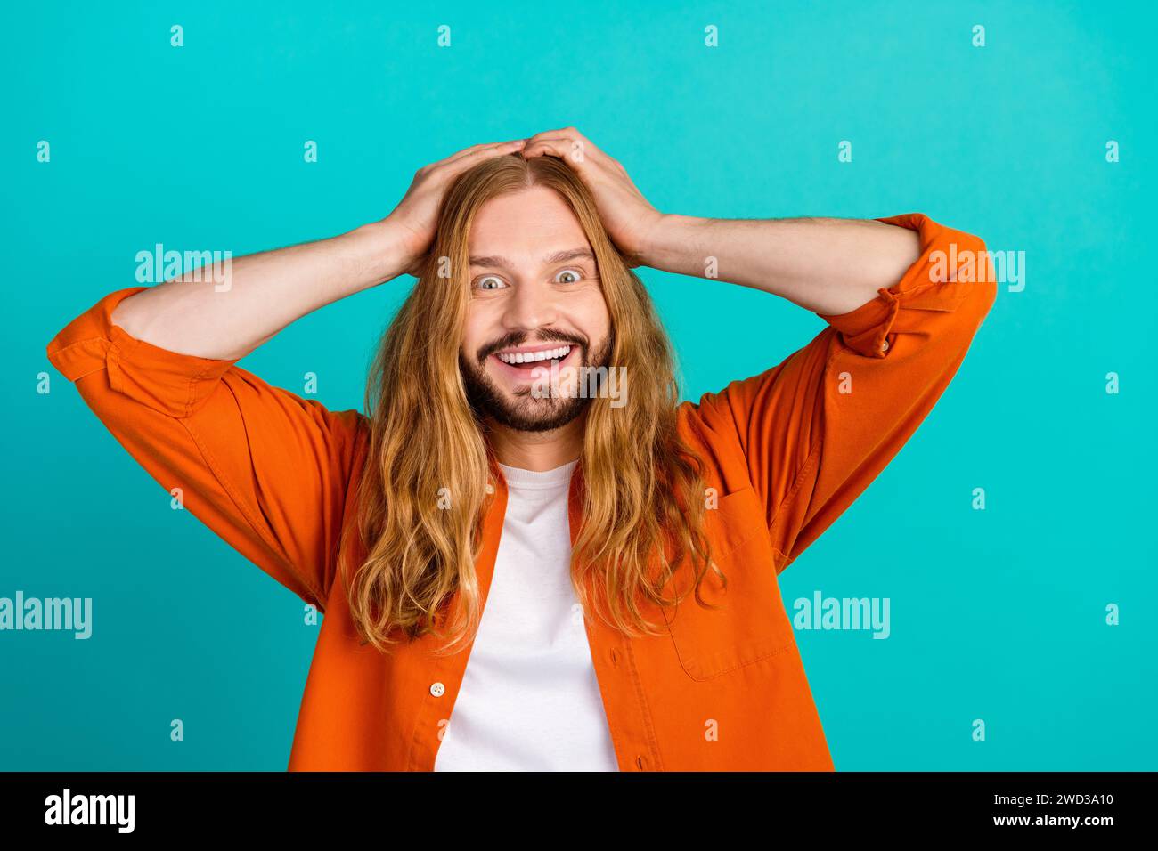 Portrait photo of young amazed man hippie shocked when see all his ...