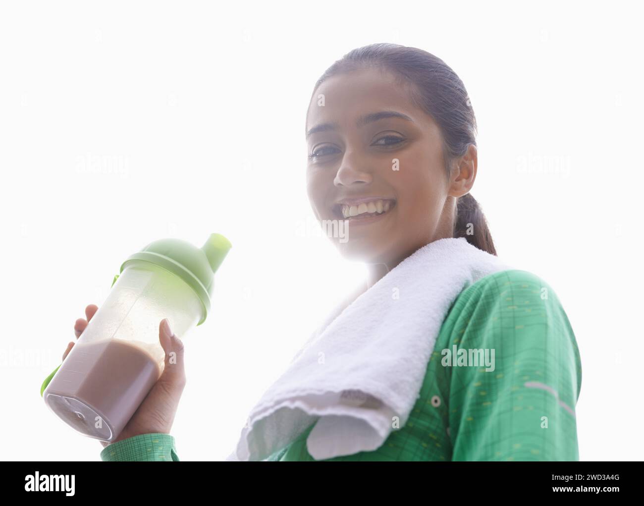 Sports, drink and portrait of happy woman with protein shake for health ...