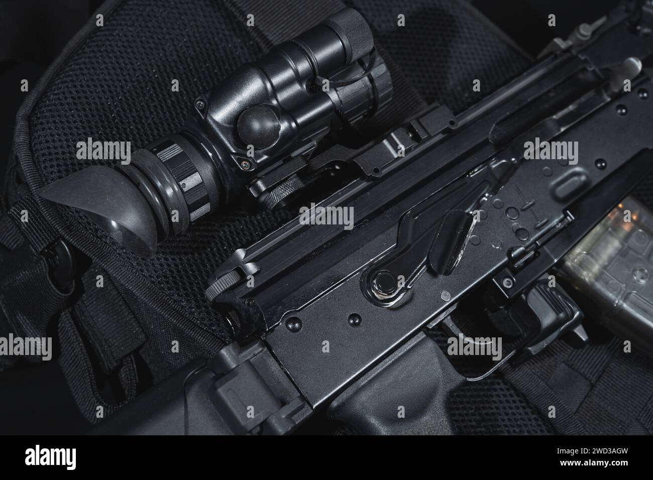AKM assault rifle with gt 14 night vision device, close-up photo. High ...