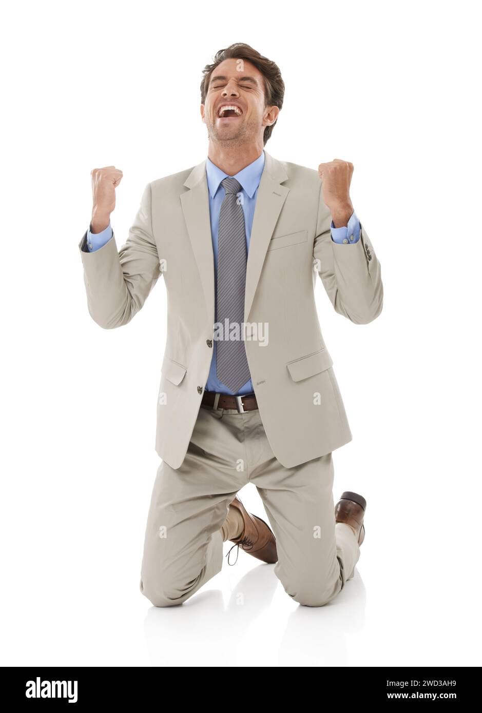 Happy businessman, fist pump and celebration for winning or success ...