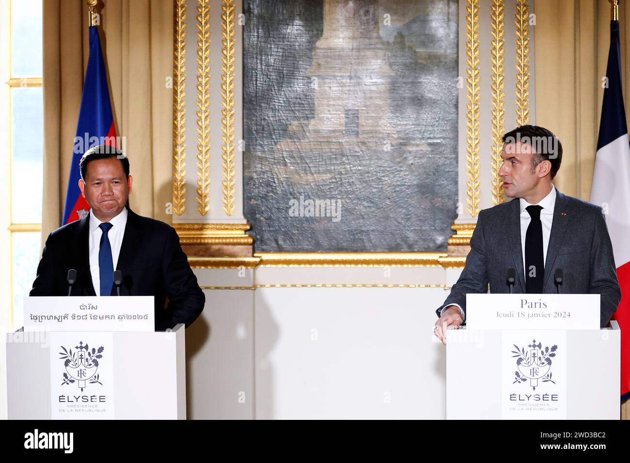 French President Emmanuel Macron and Cambodian Prime Minister Hun Manet ...