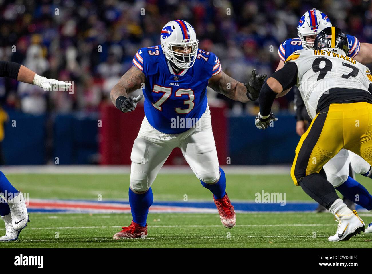 Buffalo Bills offensive tackle Dion Dawkins (73) blocks during an NFL ...