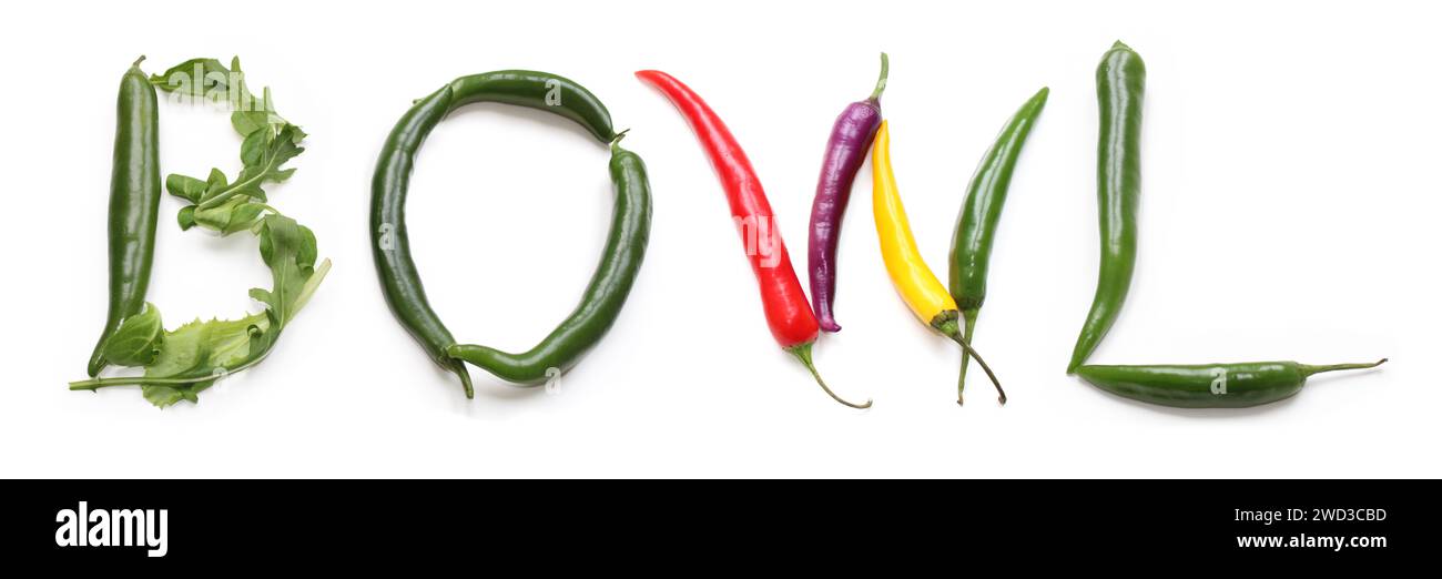 word BOWL from green, yellow, purple chili peppers, salad lettuce ...