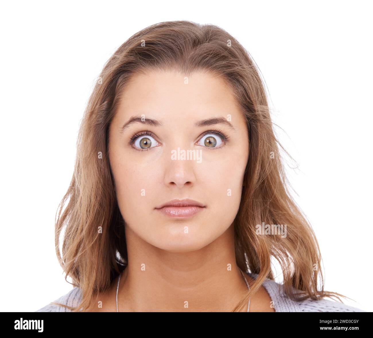 Wow, surprise and portrait of woman in studio with shocking news ...