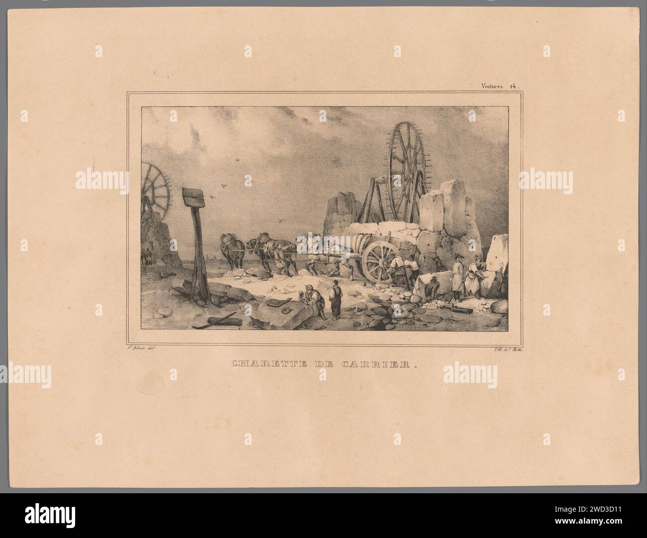 Loss car in a quarry, Victor Adam, 1828 print Three men start a ...