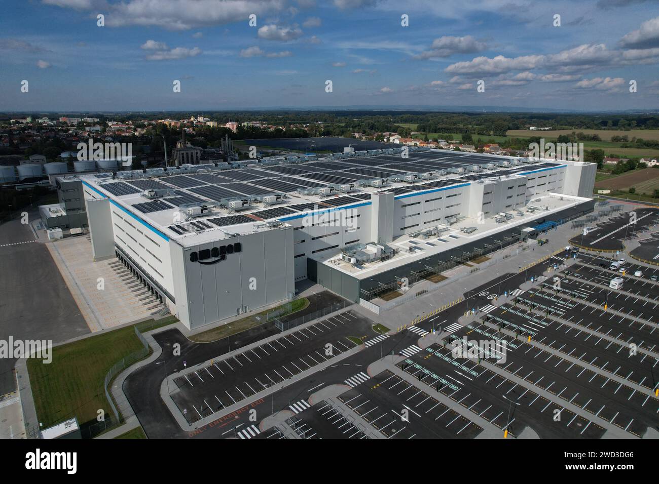 Aerial view of distribution center, drone photo of industrial logistics ...