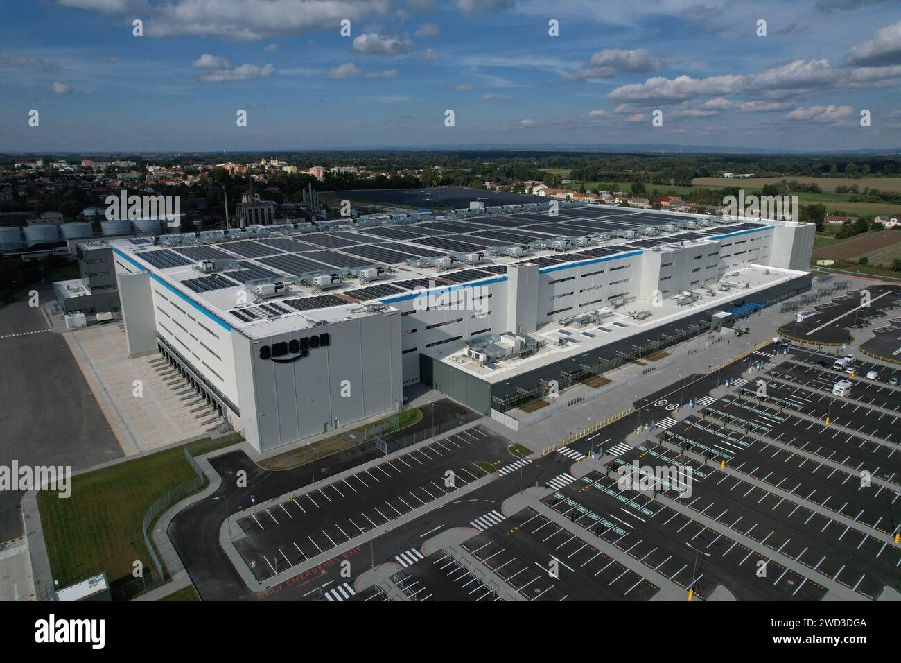 Aerial view of distribution center, drone photo of industrial logistics ...