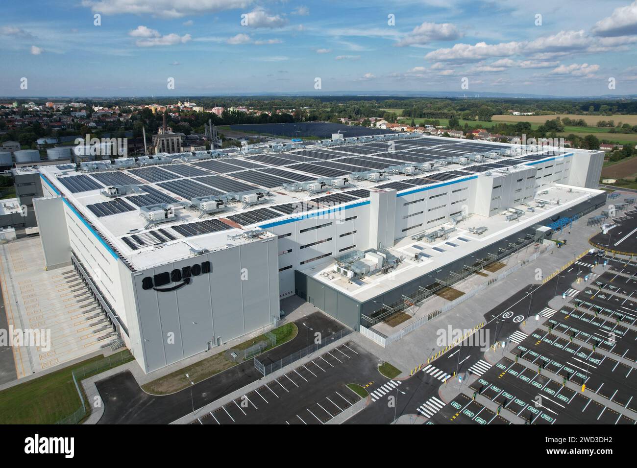 Aerial view of distribution center, drone photo of industrial logistics ...