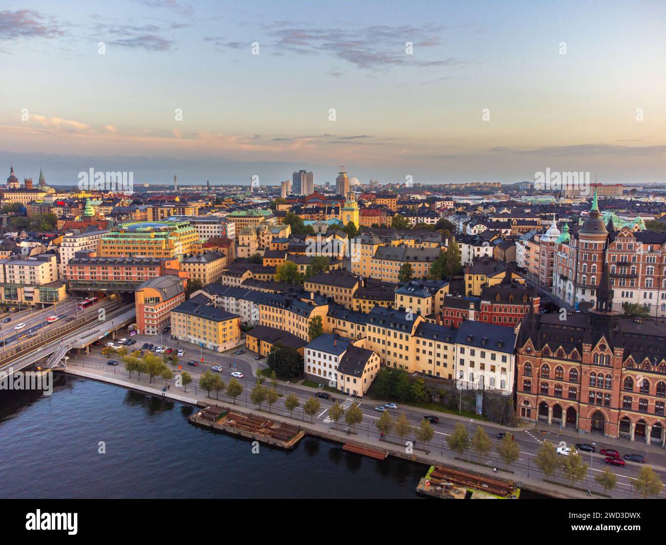 Stockholm city skyline at dusk, view over Södermalm and towards Globen ...