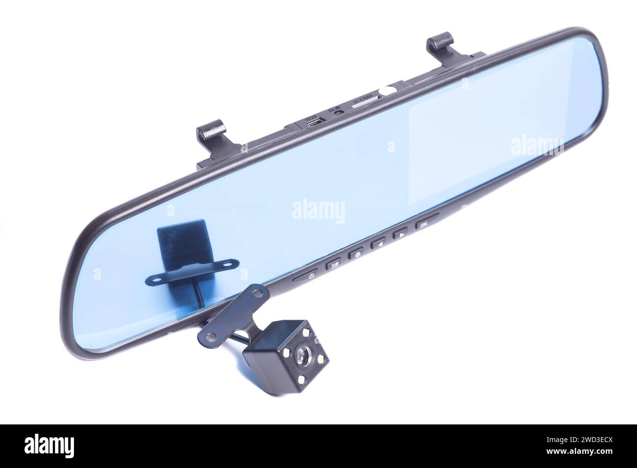 car rear view mirror with DVR and rear view camera isolated on white ...