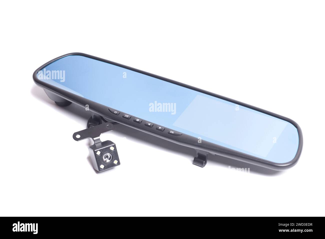 car rear view mirror with DVR and rear view camera isolated on white ...