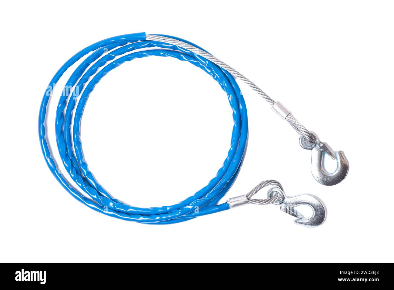 steel car tow rope with hooks in blue braid isolated on white ...
