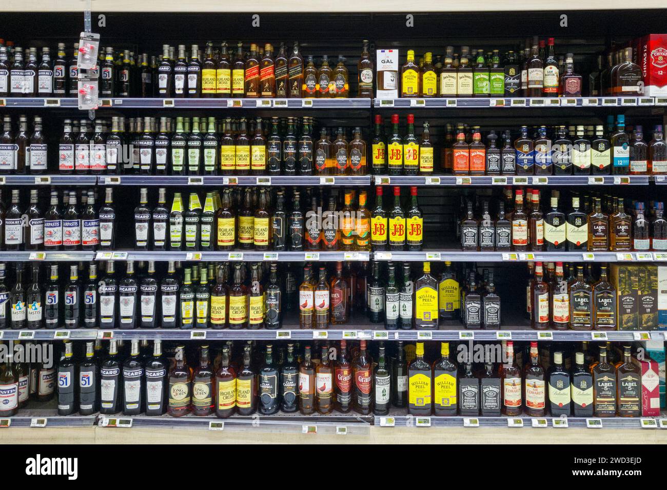 Brignoles, France. 15th Jan, 2024. The alcohol bottle aisle in an ...